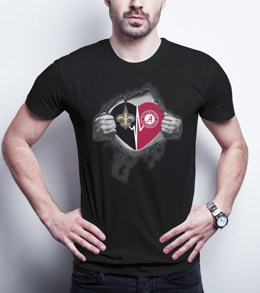Saints And Alabama Crimson Tide Heart Torn Open T-Shirt