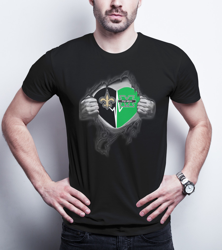 New Orleans Saints Marshall Thundering Herd Heart Logo Tear T-Shirt