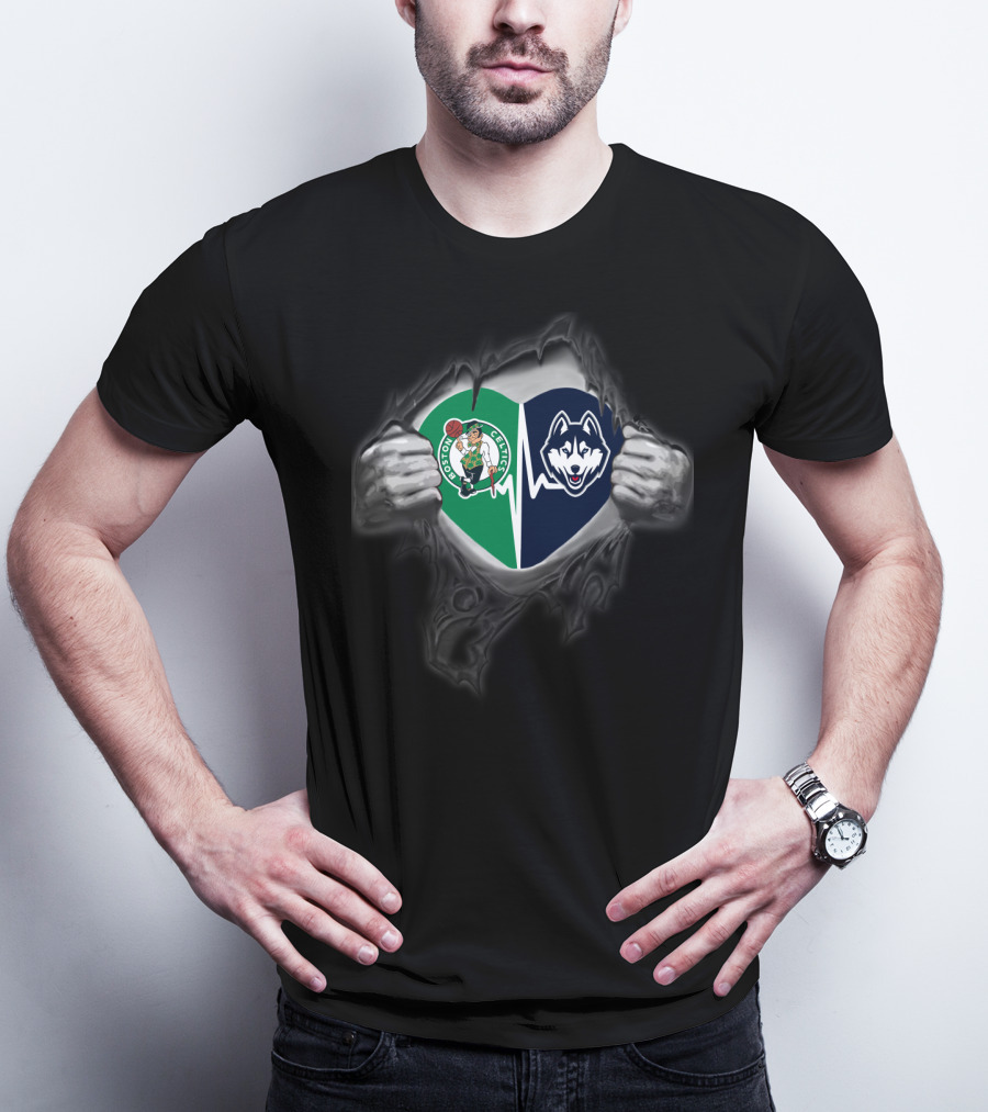 Boston Celtics And Uconn Huskies Heart Logo Fusion T-Shirt