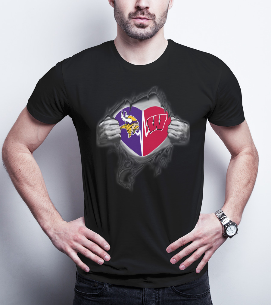 Vikings Wisconsin Badgers Split Heart Symbol T-Shirt