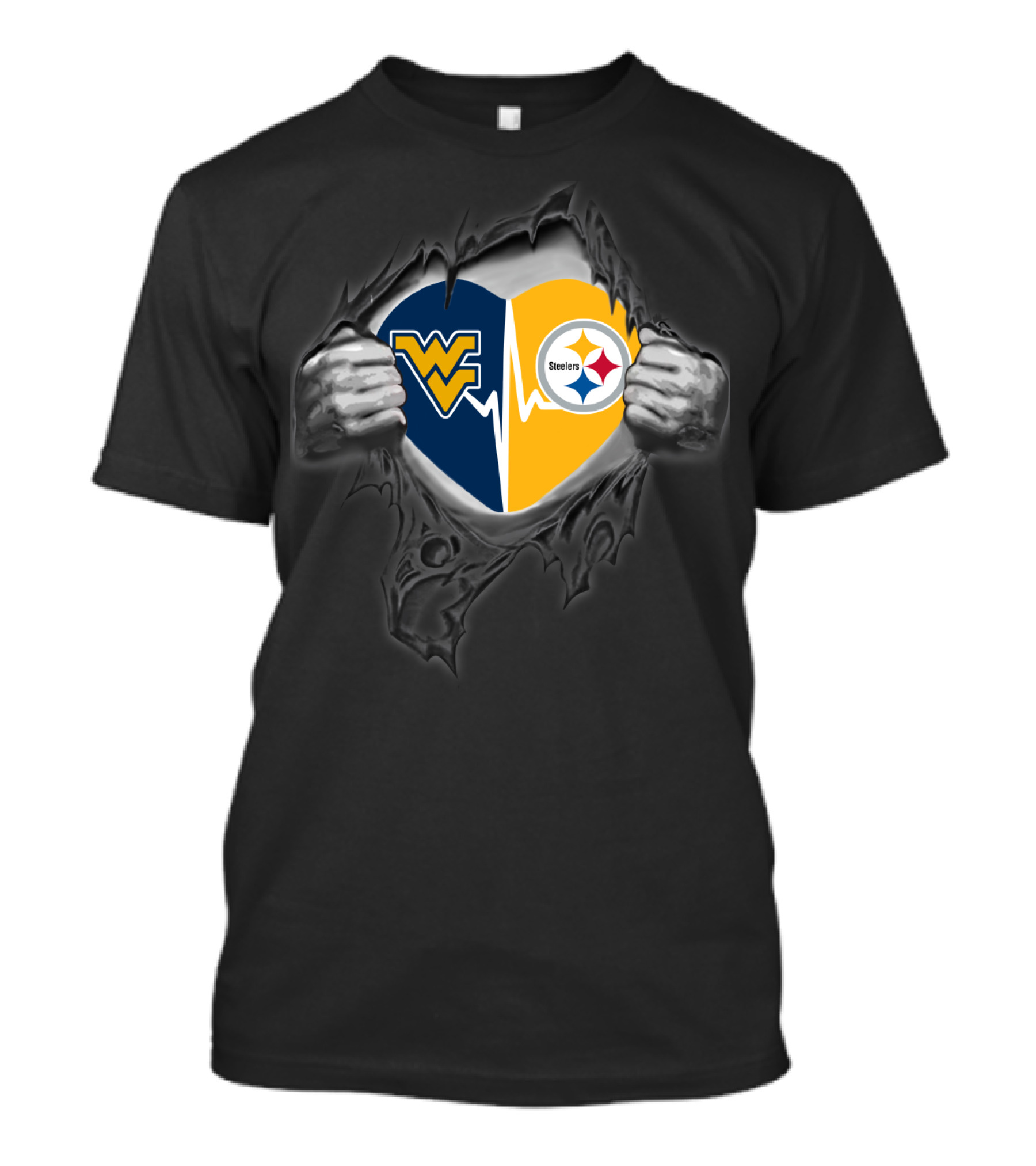 Steelers West Virginia Mountaineers Heart Split With Logos T-Shirt