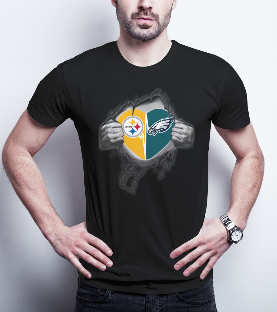 Steelers Eagles Heart Logo Dual Team Fan Pride T-Shirt