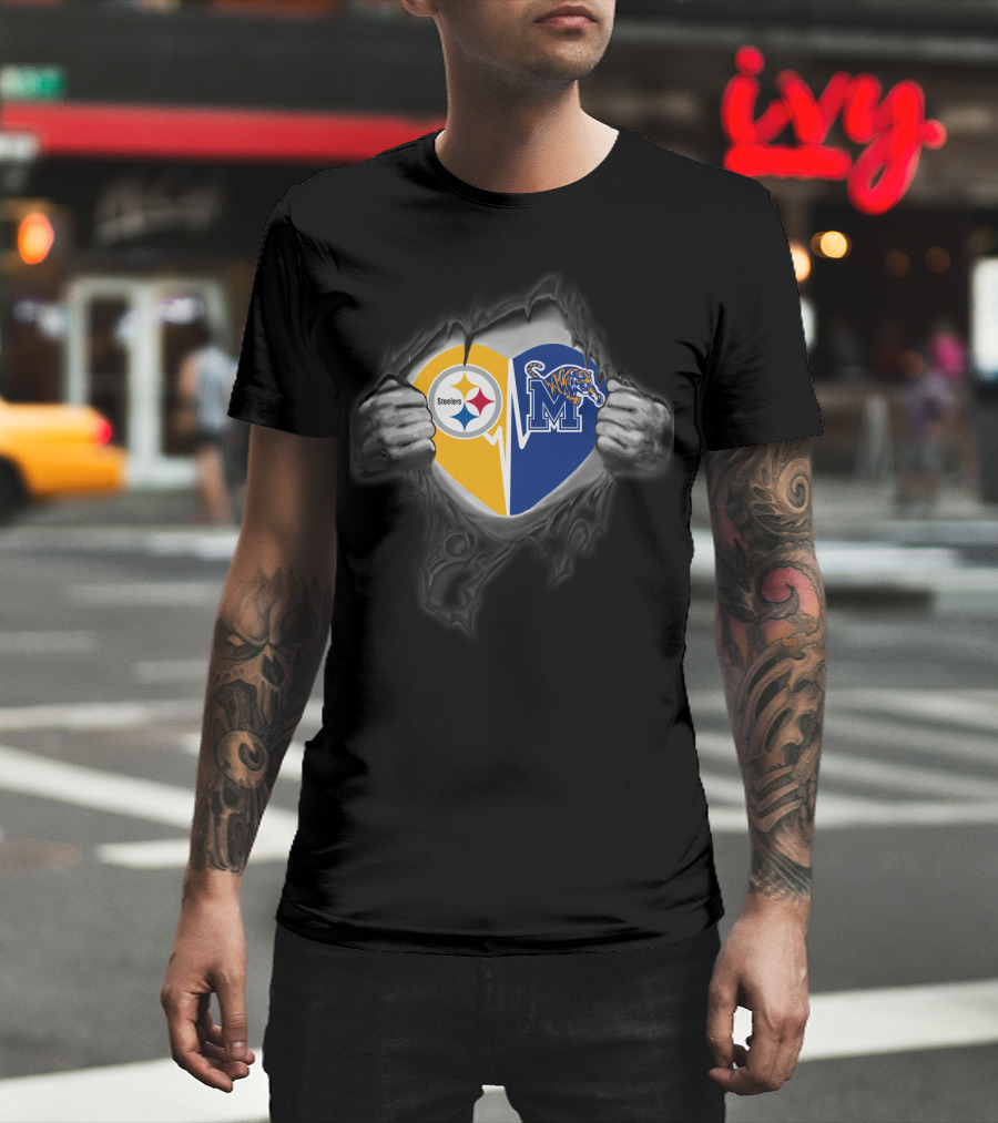 Steelers Memphis Tigers Heart Logo Fusion T-Shirt