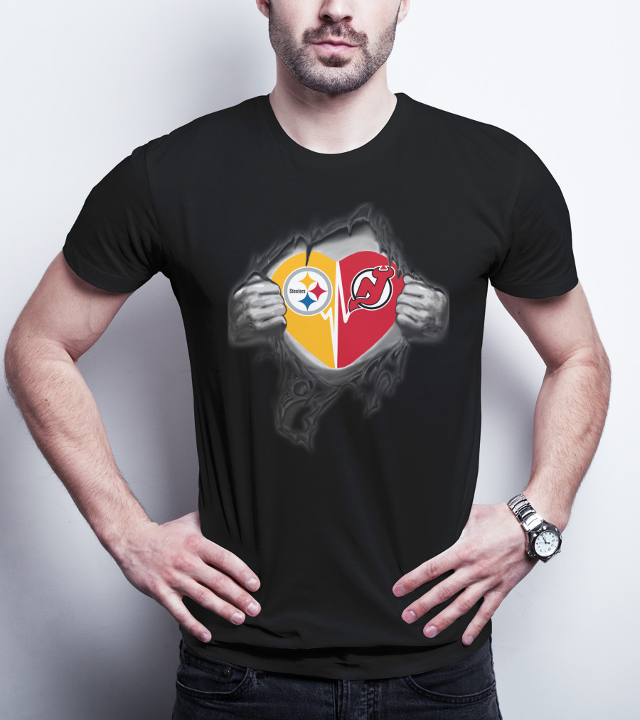 Steelers New Jersey Devils Heart Logo Fan Tribute T-Shirt