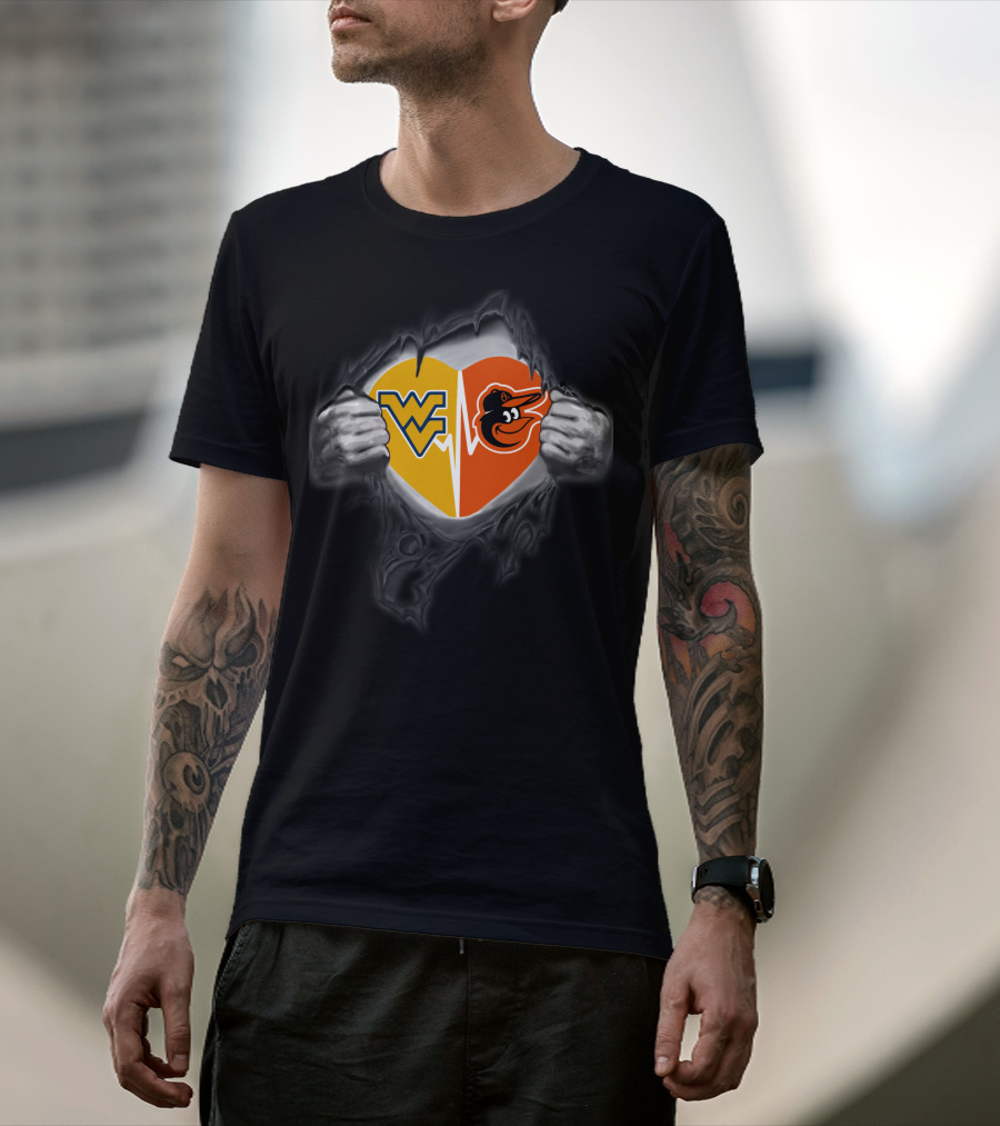 West Virginia Mountaineers Heart Baltimore Orioles Logo Fusion T-Shirt