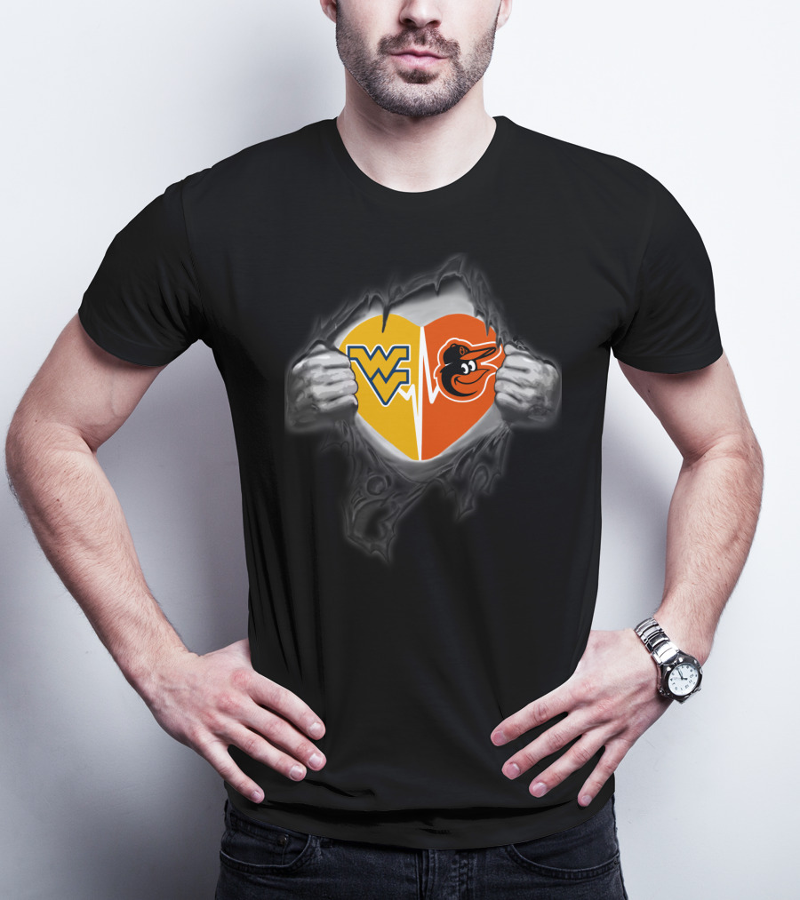 West Virginia Mountaineers Heart Baltimore Orioles Logo Fusion T-Shirt