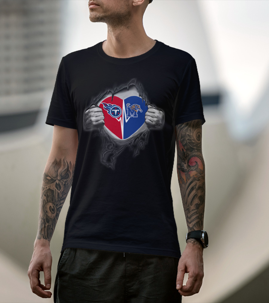 Tennessee Titans Memphis Tigers Heart Logo Tear T-Shirt