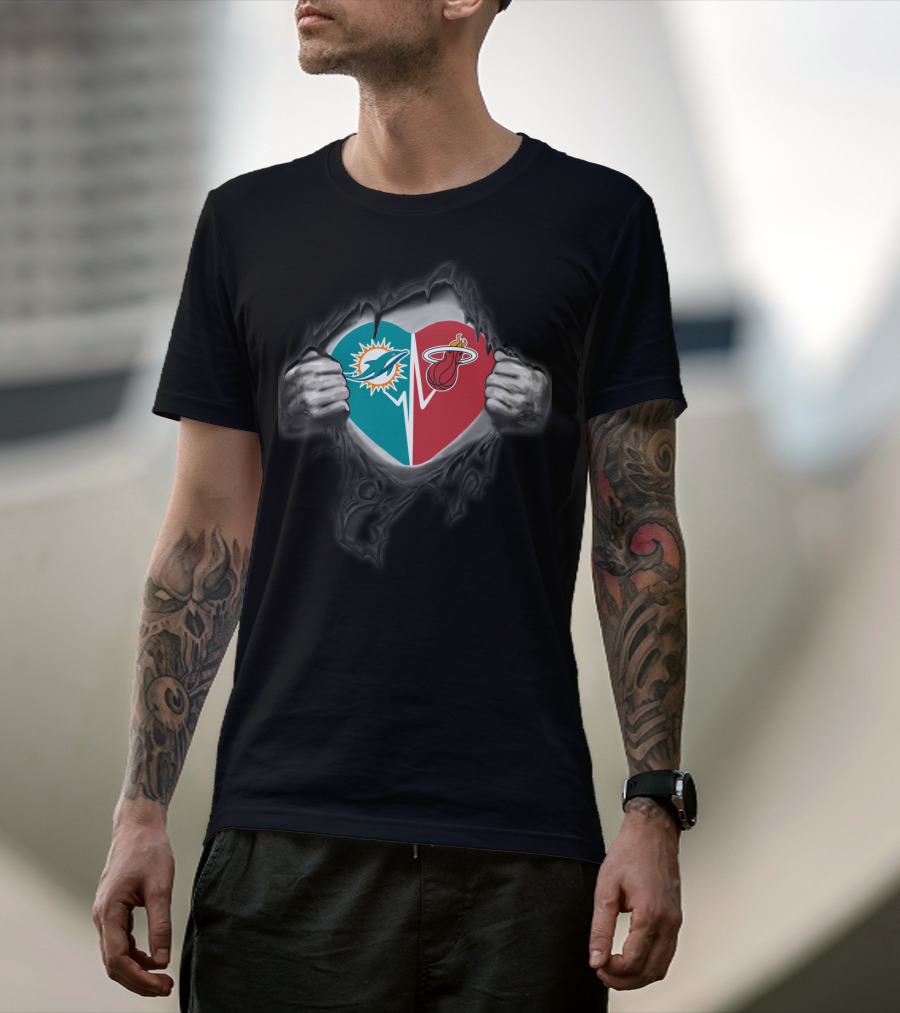 Miami Dolphins Miami Heat Heart Logo Fusion T-Shirt