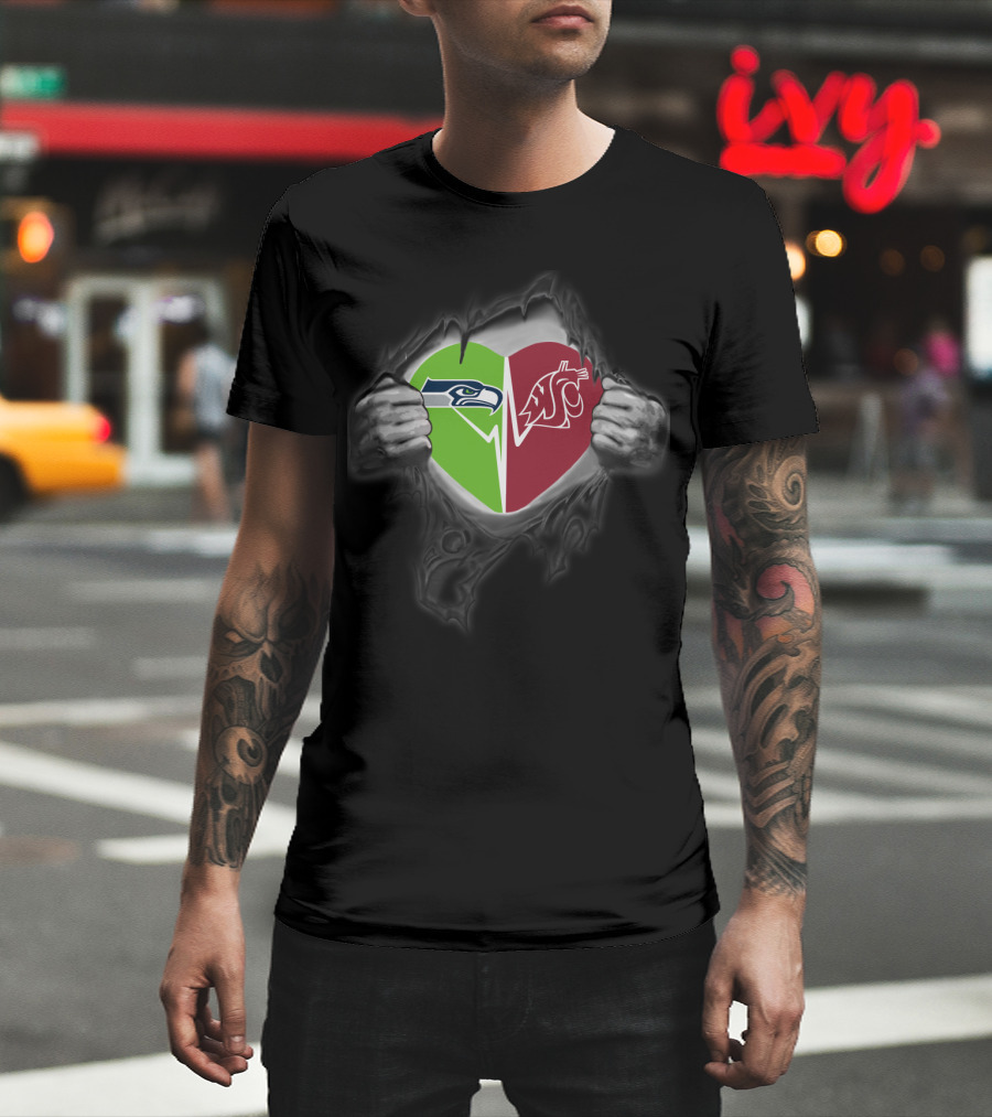 Seahawks Washington State Cougars Heart Logo Torn T-Shirt