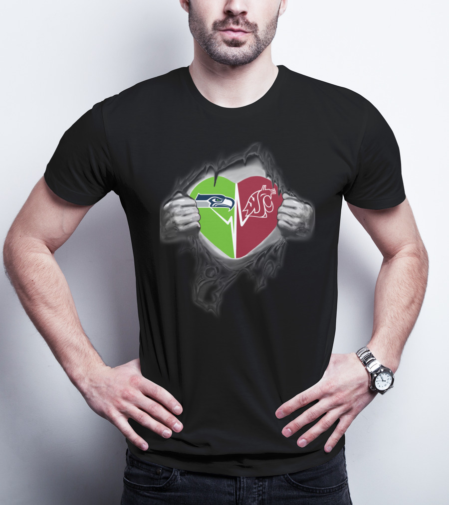 Seahawks Washington State Cougars Heart Logo Torn T-Shirt