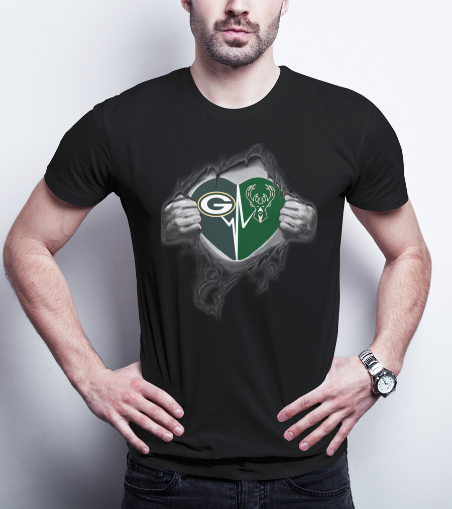 Green Bay Packers Milwaukee Bucks Heart Torn T-Shirt