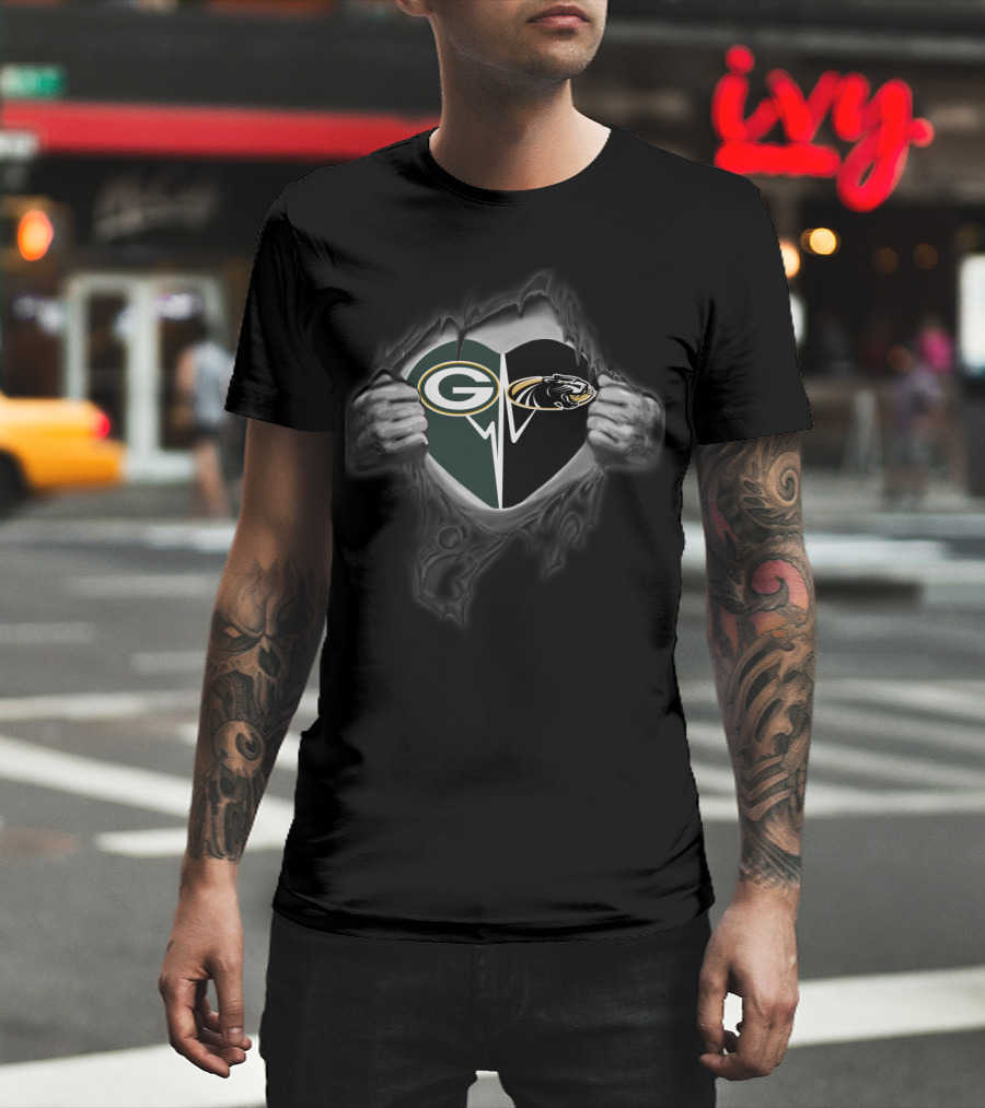 Packers Milwaukee Panthers Heart Logo Ripped Chest T-Shirt