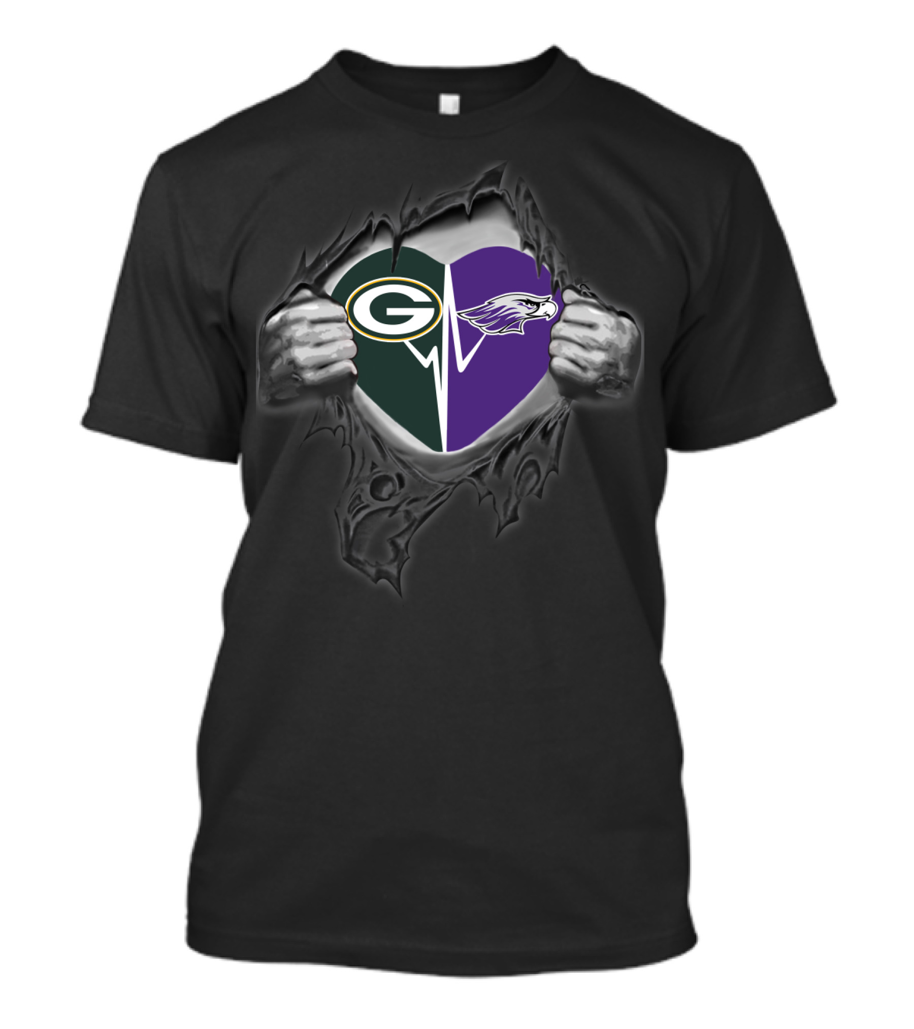 Green Bay Packers Uw-Whitewater Warhawks Heart Logo Rip Fandom T-Shirt