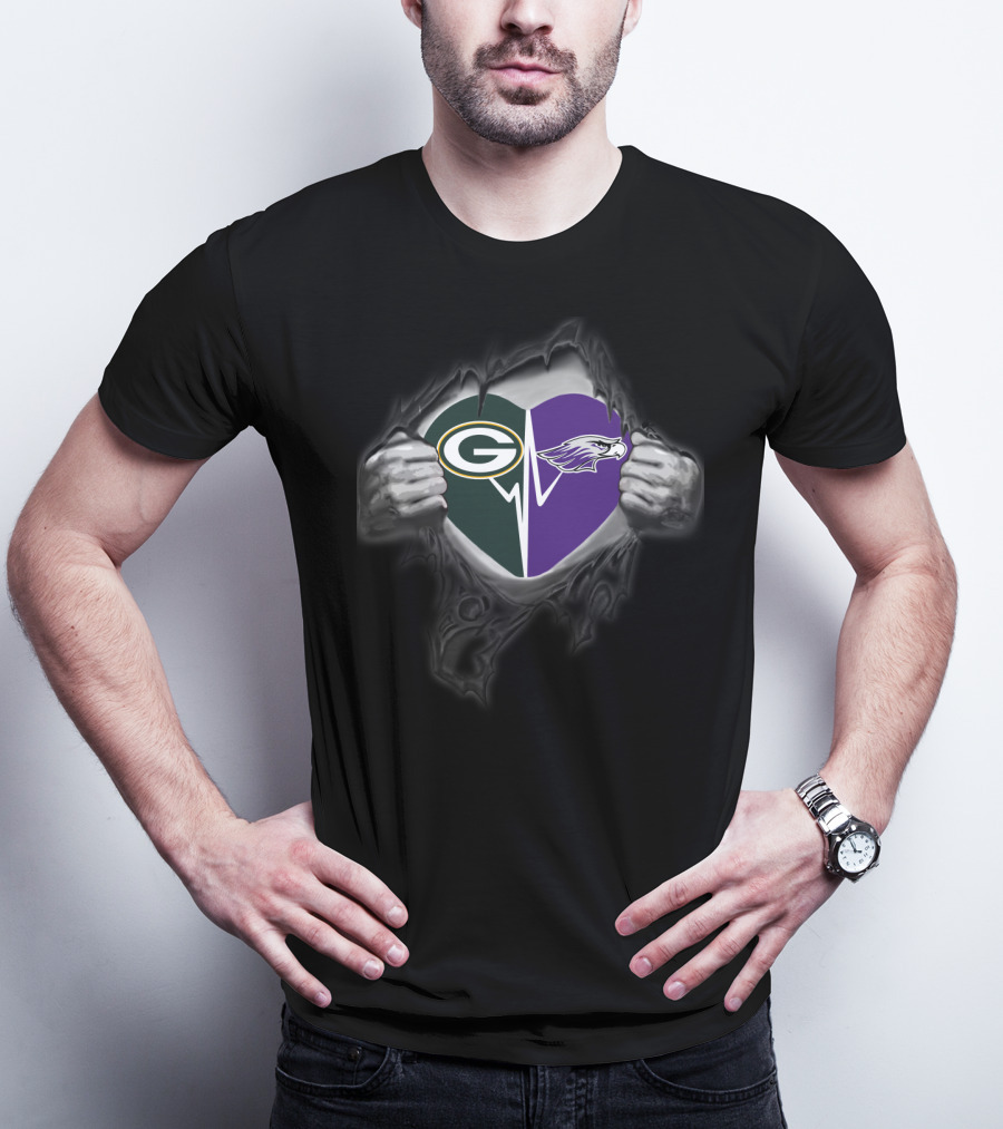 Green Bay Packers Uw-Whitewater Warhawks Heart Logo Rip Fandom T-Shirt
