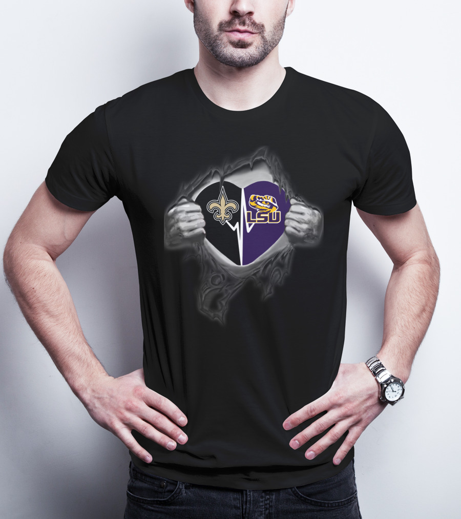 Saints And Lsu Tigers Heart Design With Torn T-Shirt