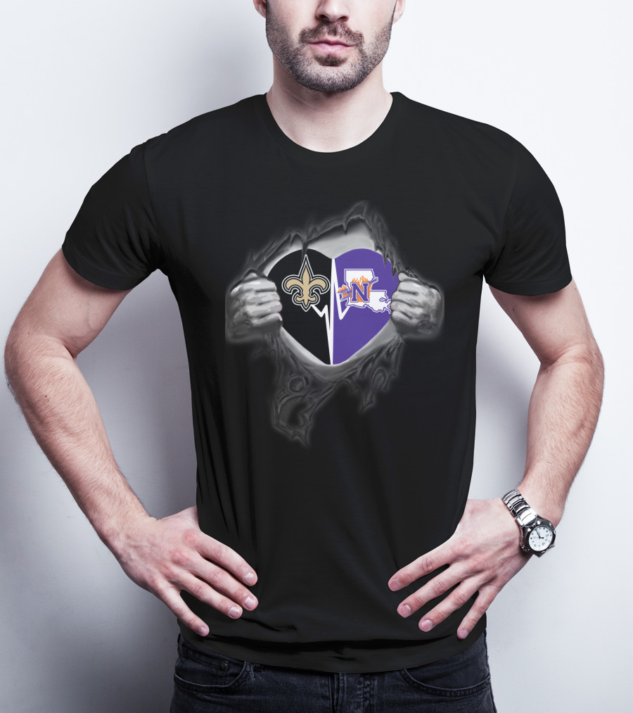 Saints Northwestern State Demons Heart Logo Fusion T-Shirt