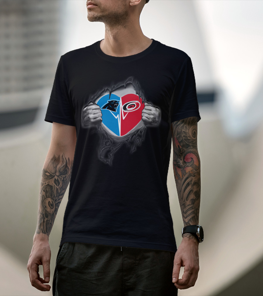 Panthers Heart With Carolina Hurricanes Logo Torn T-Shirt