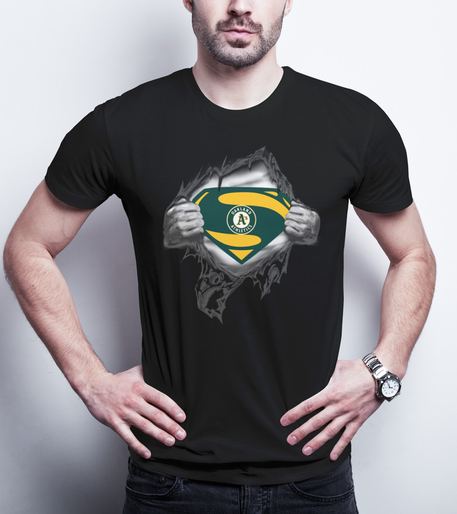 Oakland Athletics Superhero Emblem Teal And Yellow T-Shirt