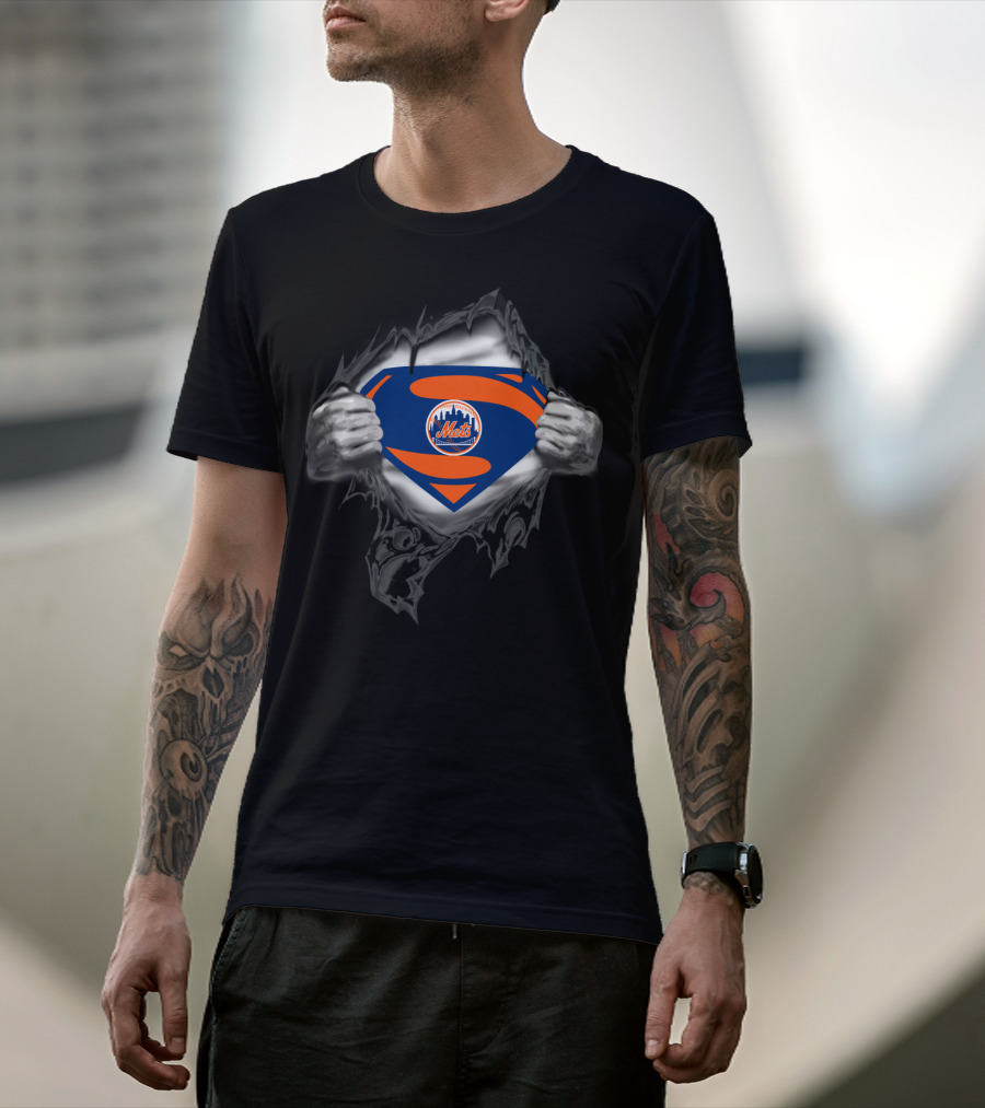 Superman New York Mets Logo Ripped Chest Baseball T-Shirt