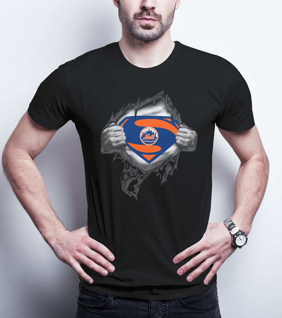 Superman New York Mets Logo Ripped Chest Baseball T-Shirt