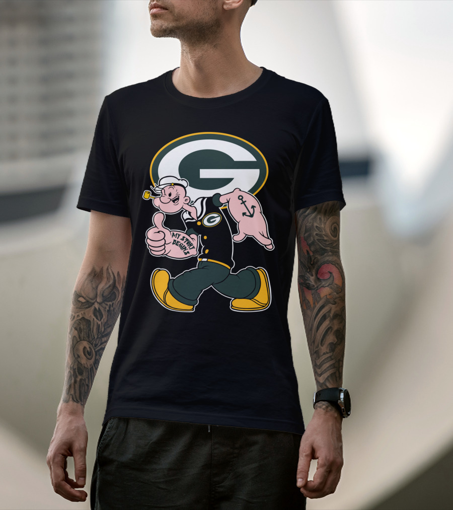 Popeye My Story Begins Green Bay Packers G Logo Anchor Tattoo T-Shirt