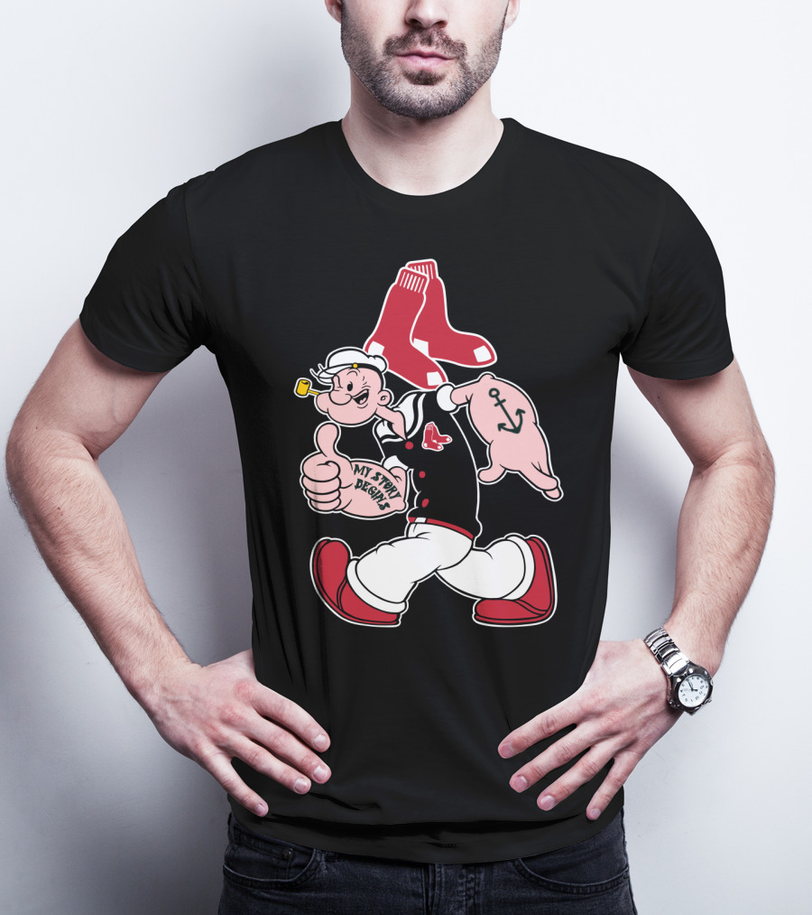 Popeye Thumbs Up Boston Red Sox Double Socks Anchor Tattoo Black T-Shirt