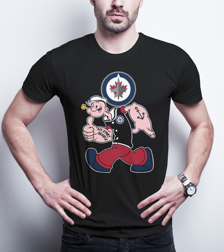 Winnipeg Jets Navy Popeye Walking With Thumbs Up And Anchor Tattoo T-Shirt
