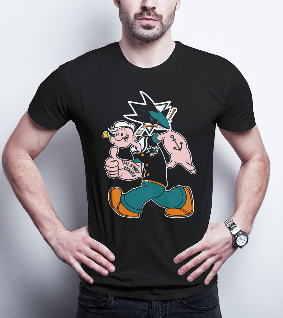 San Jose Sharks Popeye My Story Design Anchor Tattoo T-Shirt