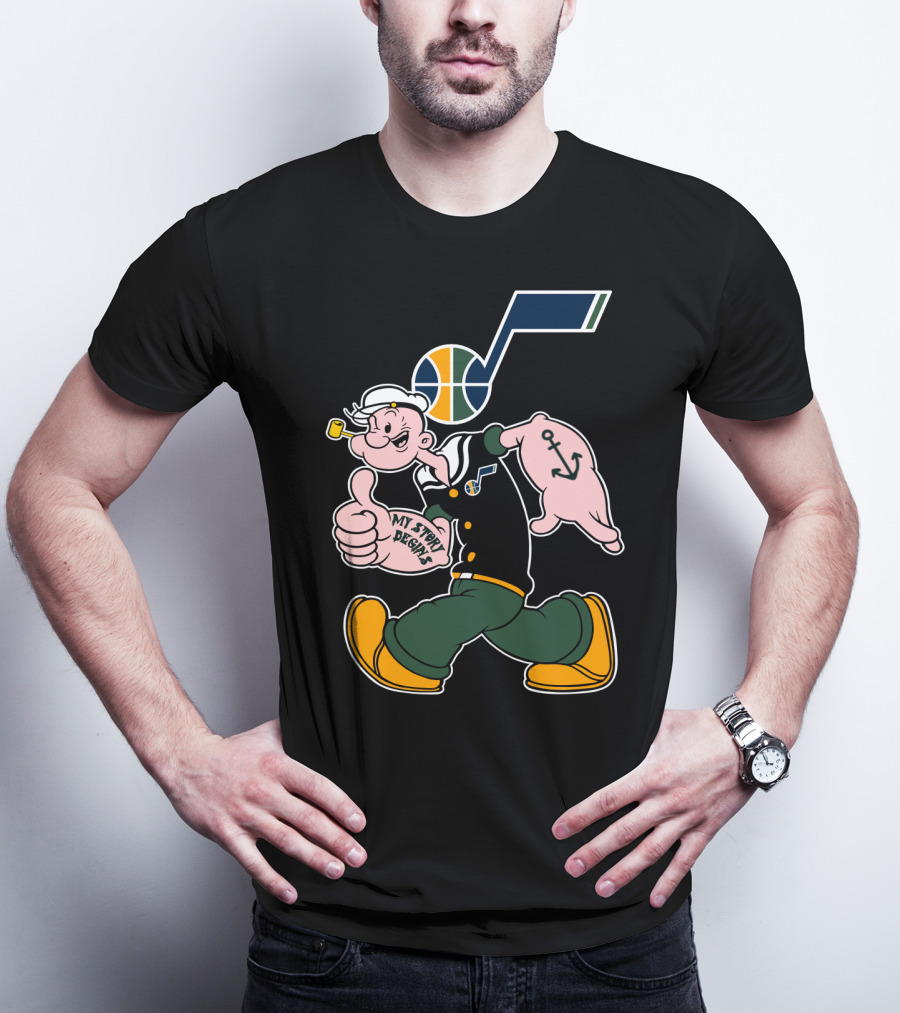Popeye Walking With Thumb Up And Utah Jazz Basketball T-Shirt
