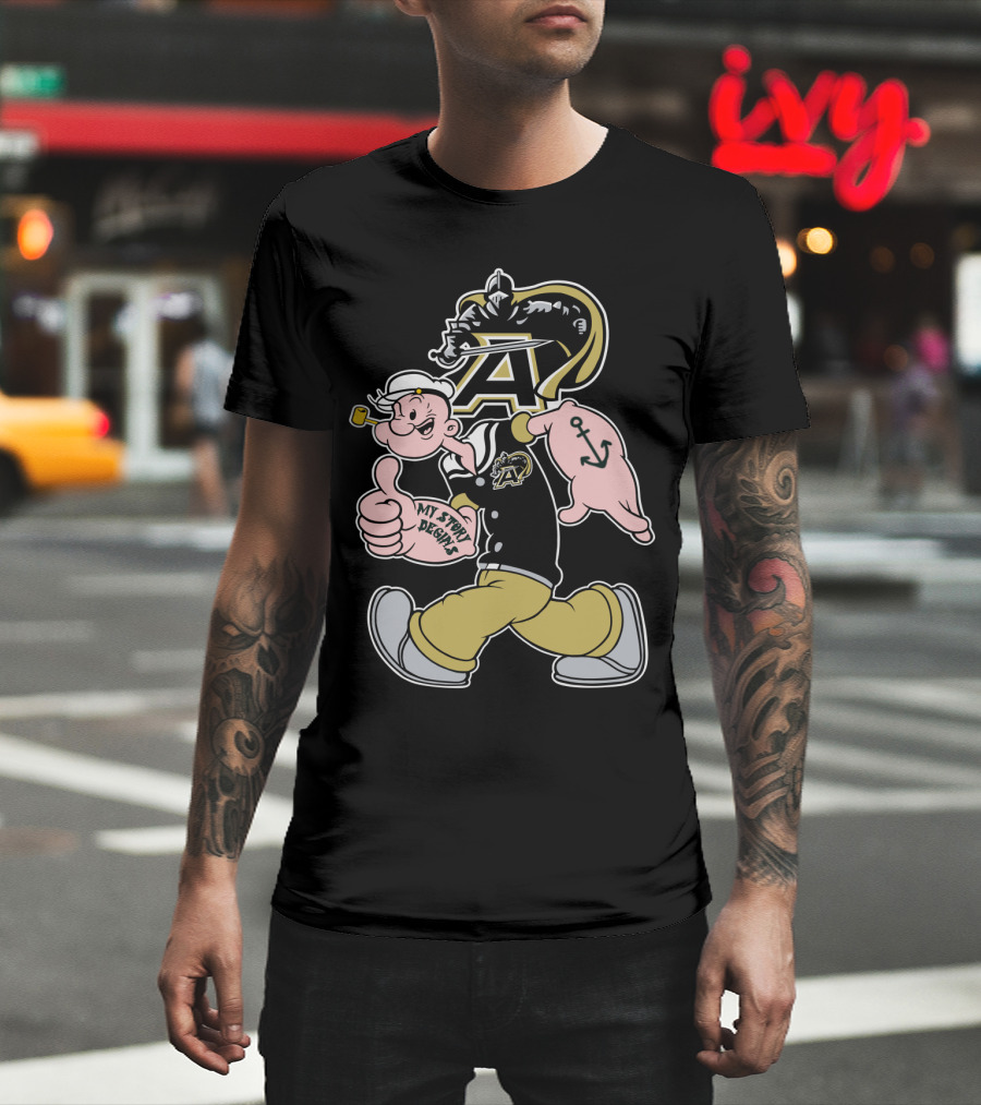 Army Black Knights My Story Begins Popeye Character With Anchor Tattoo T-Shirt