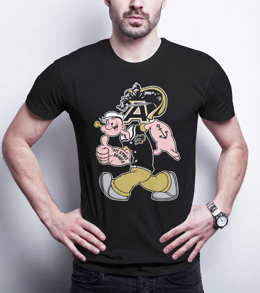 Army Black Knights My Story Begins Popeye Character With Anchor Tattoo T-Shirt