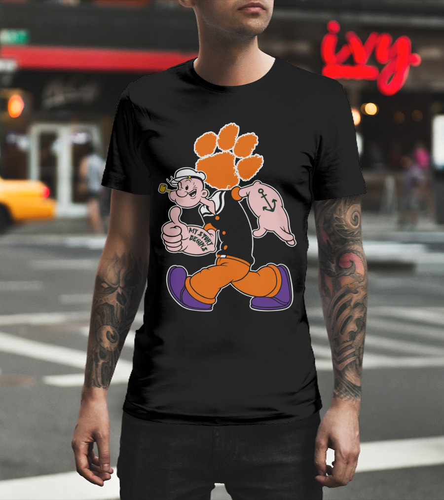 Clemson Tigers My Story Begins Anchor Imagery Running Popeye With Paw Print T-Shirt