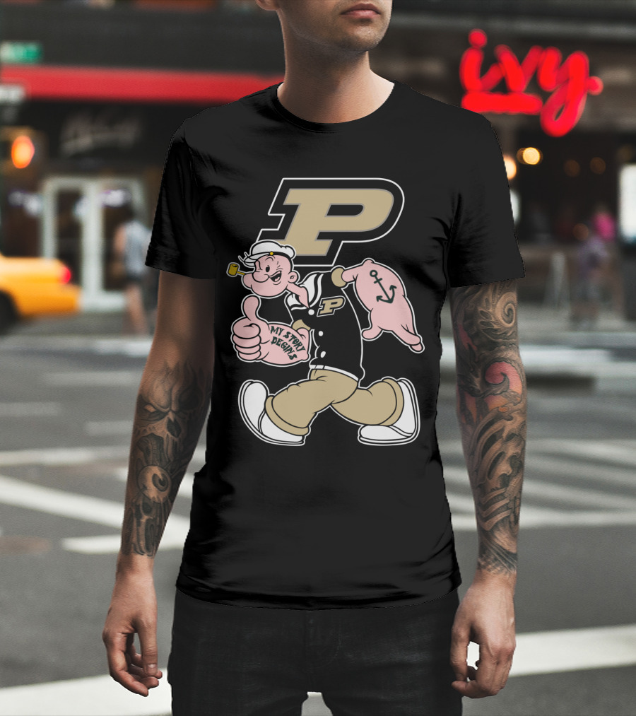 Purdue Boilermakers Sailor Cartoon Mascot With Pipe And Anchor Tattoo T-Shirt