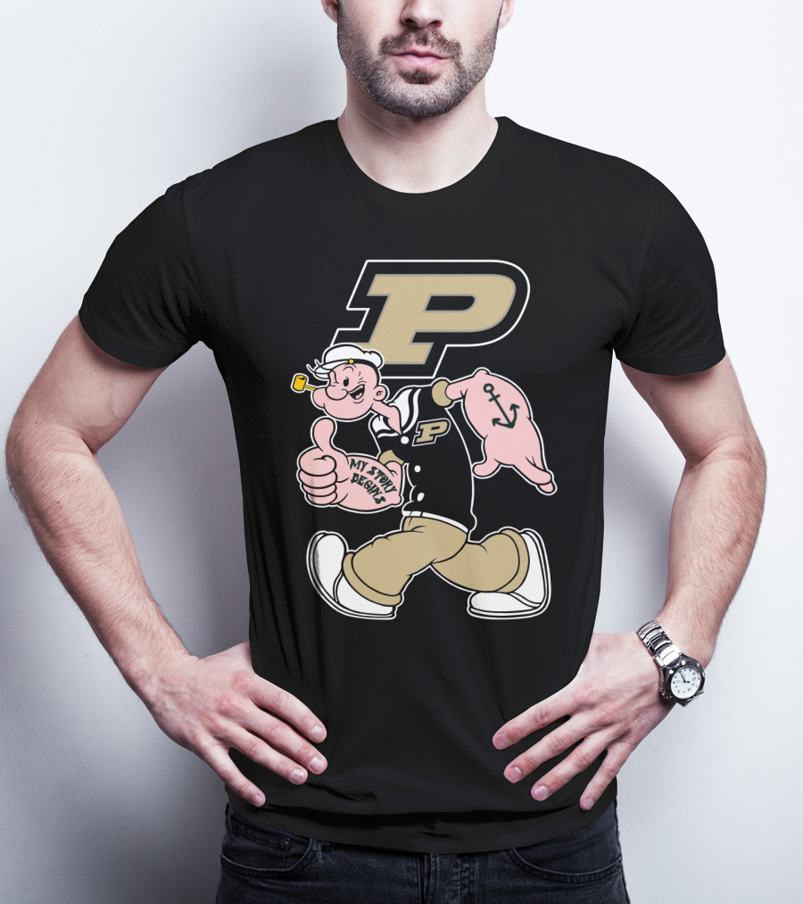 Purdue Boilermakers Sailor Cartoon Mascot With Pipe And Anchor Tattoo T-Shirt