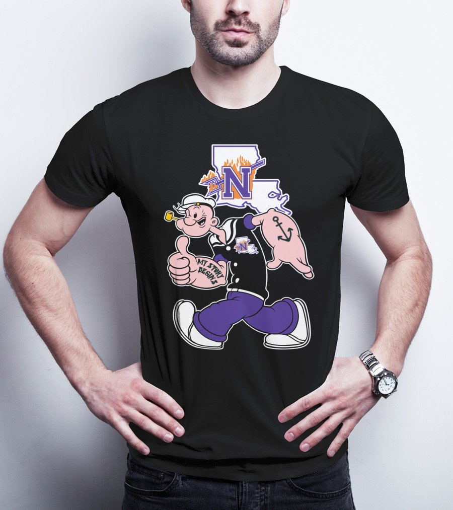 Northwestern State Demons Popeye Graphic With Louisiana State Outline T-Shirt