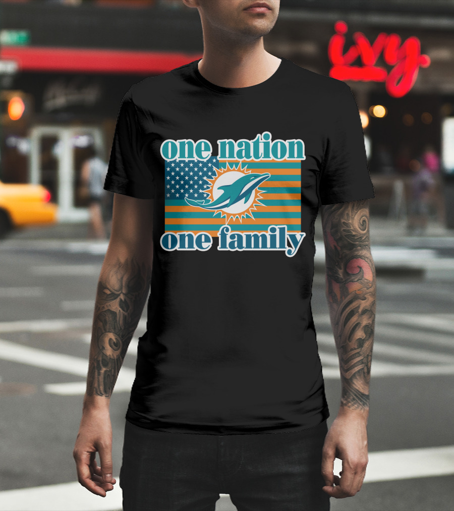 One Nation One Family Miami Dolphins American Flag Logo T-Shirt