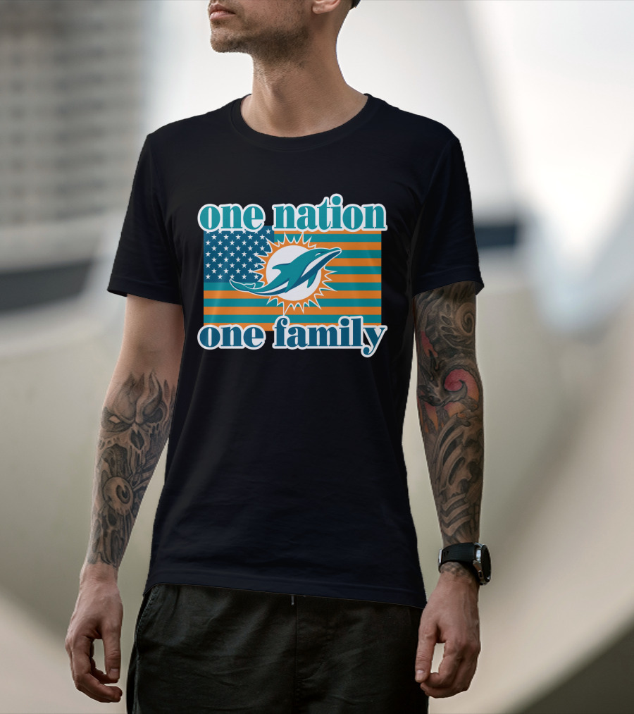 One Nation One Family Miami Dolphins American Flag Logo T-Shirt