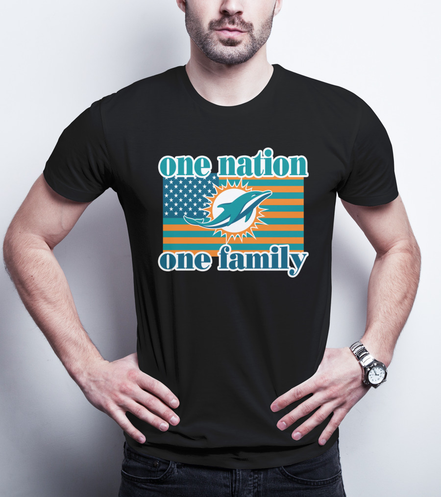 One Nation One Family Miami Dolphins American Flag Logo T-Shirt