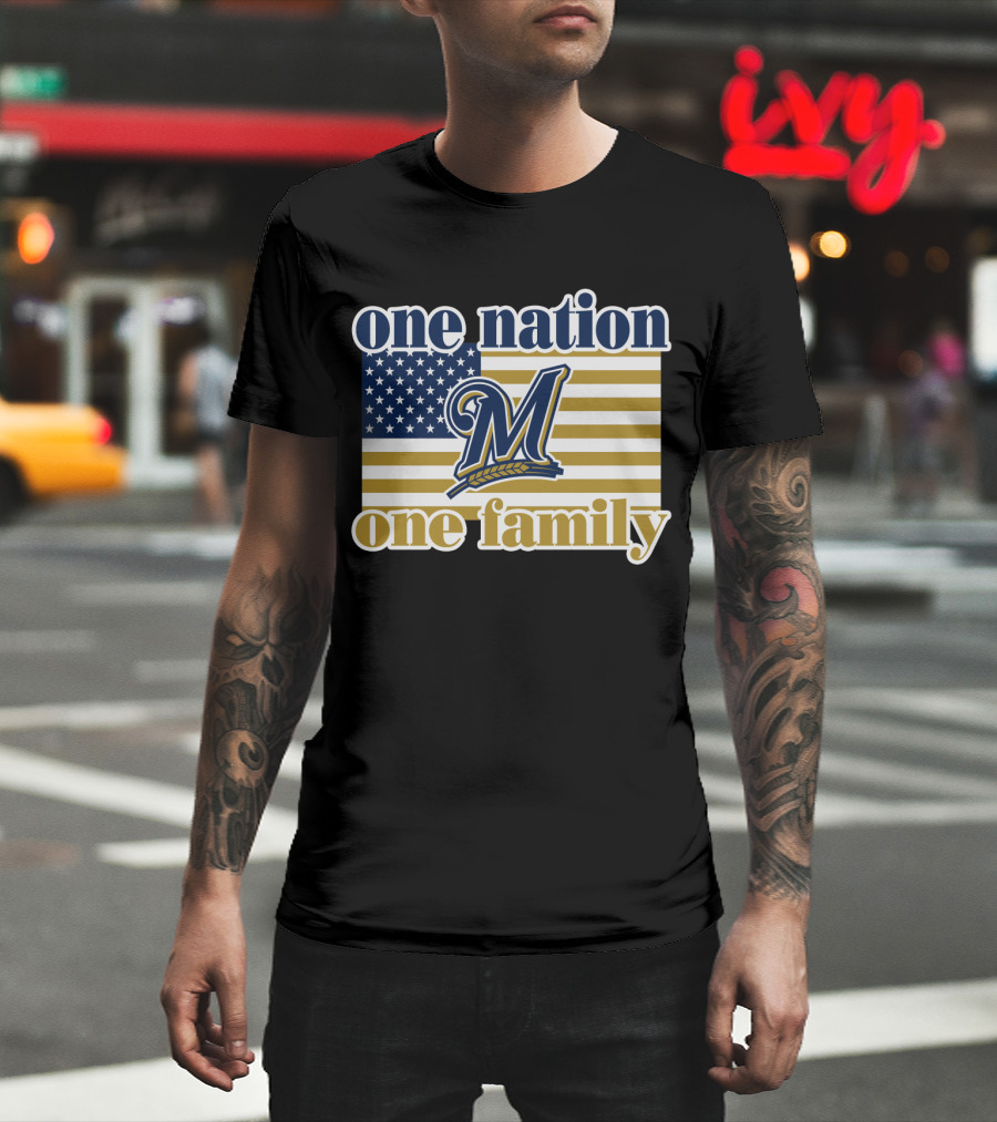 One Nation One Family Milwaukee Brewers 46 American Flag T-Shirt