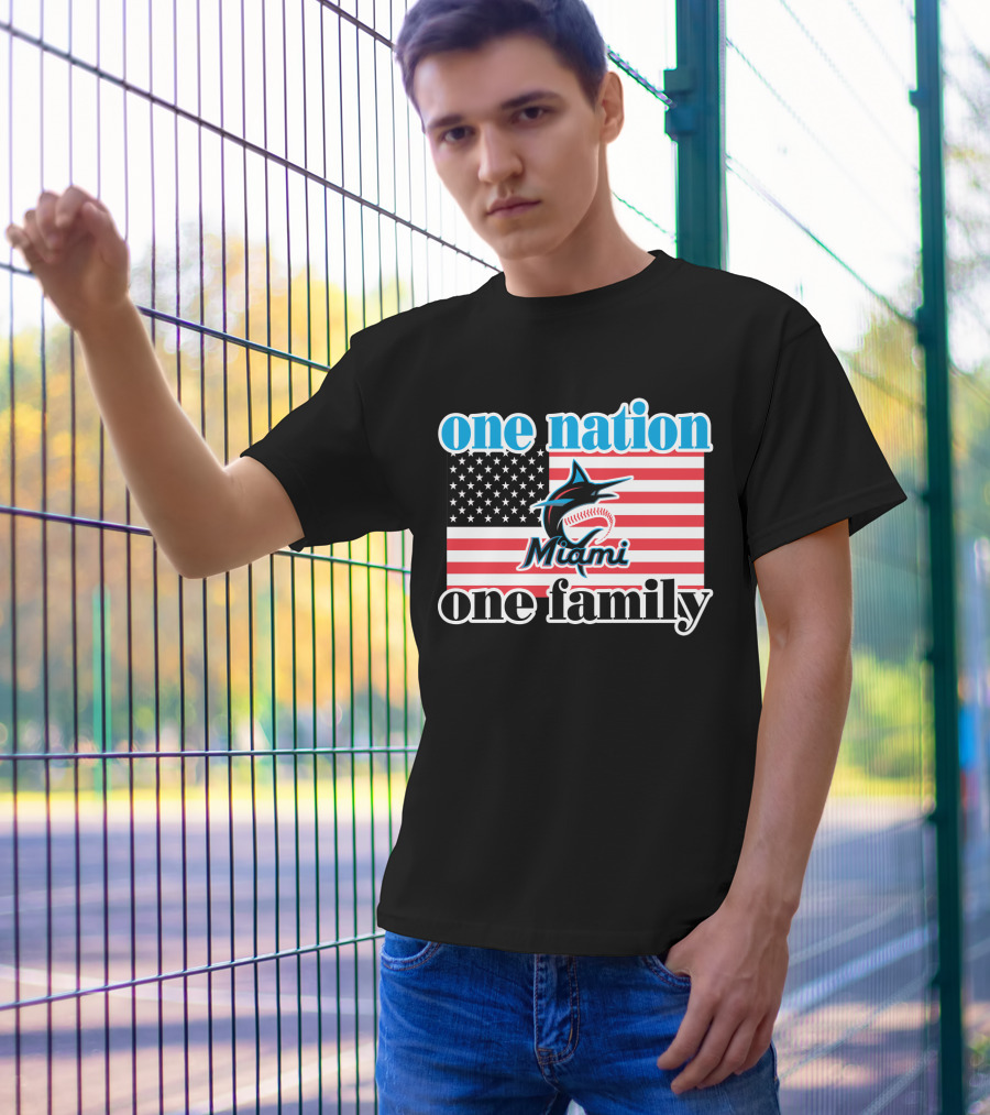 One Nation One Family Miami Marlins American Flag T-Shirt
