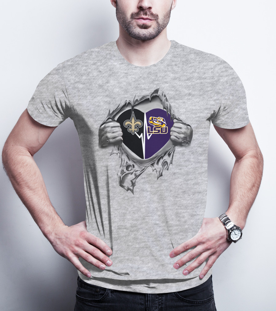 Saints Heart With Lsu Tigers Logo Peeking Through T-Shirt