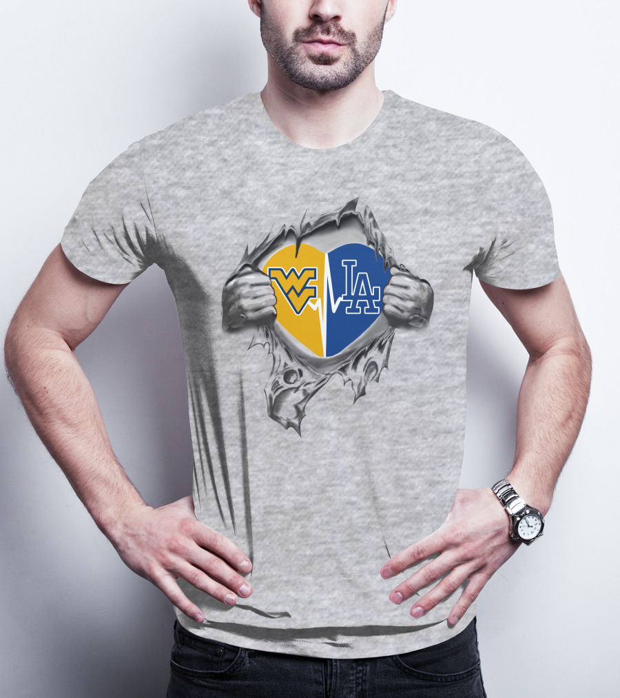 Dodgers West Virginia Mountaineers Heartbeat Split Logo Dodgers And West Virginia Fan Loyalty T-Shirt