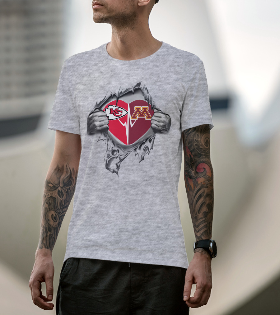 Kansas City Chiefs Minnesota Gophers Heart Logos Torn Gray T-Shirt