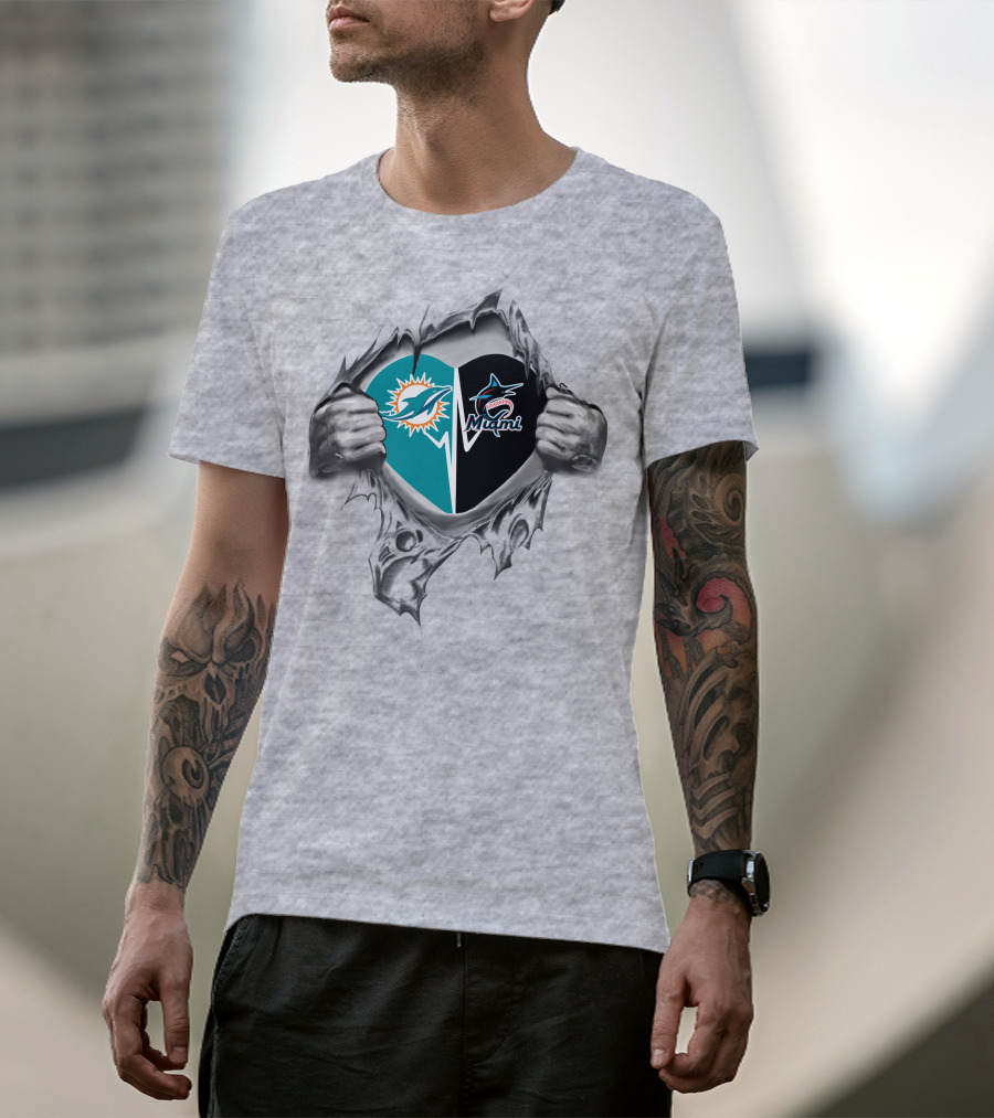 Miami Dolphins Marlins Heart Torn Reveal T-Shirt