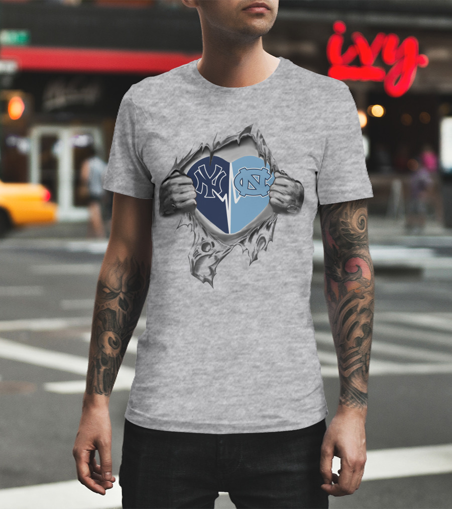 Yankees Tar Heels Heart Split Design Yankees Logo Tar Heels Logo Heart T-Shirt