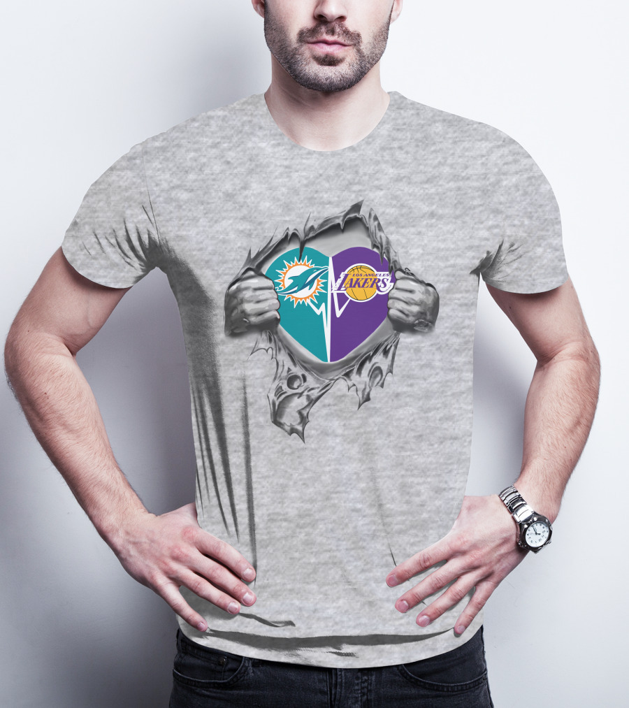 Dolphins Lakers Heart Torn Silver Hands T-Shirt