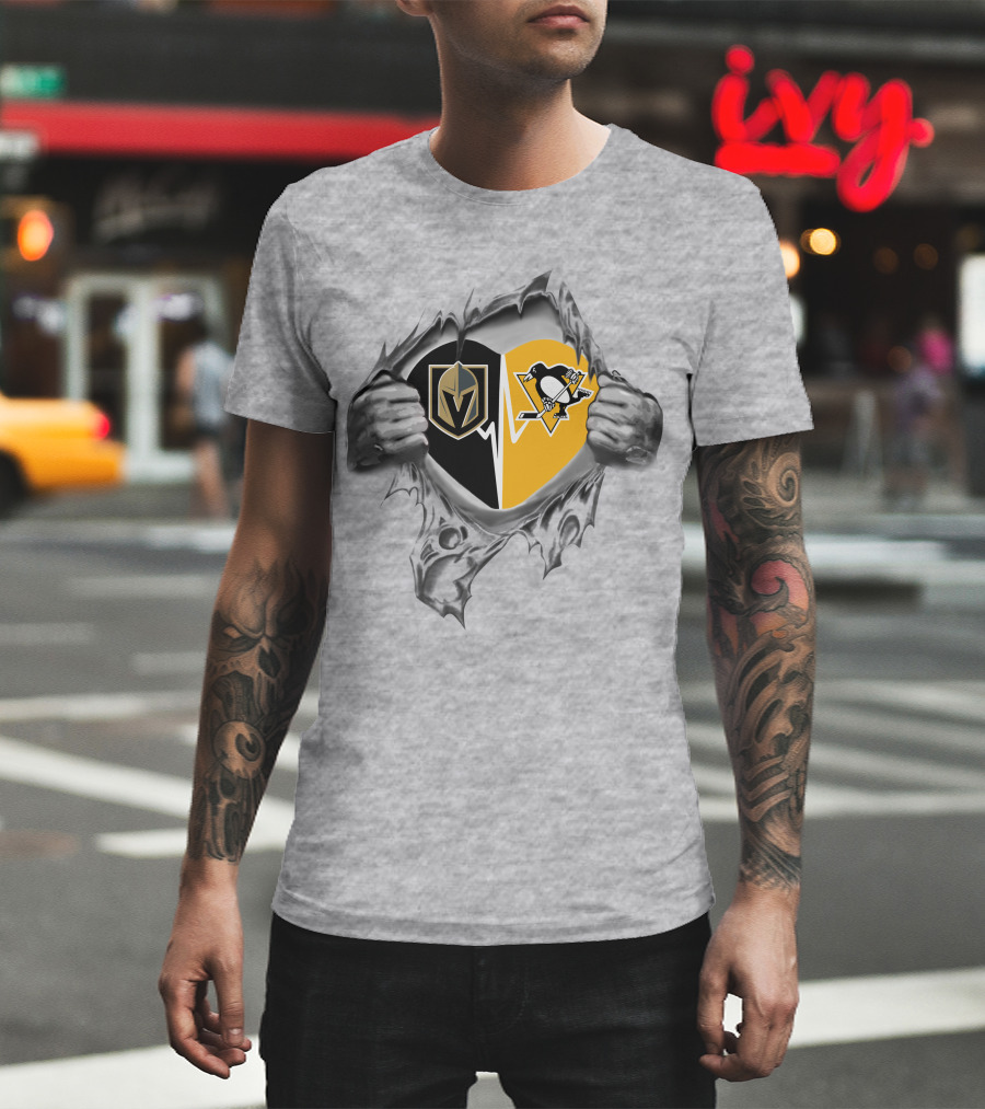 Vegas Golden Knights Pittsburgh Penguins Heartbeat Torn Fabric T-Shirt