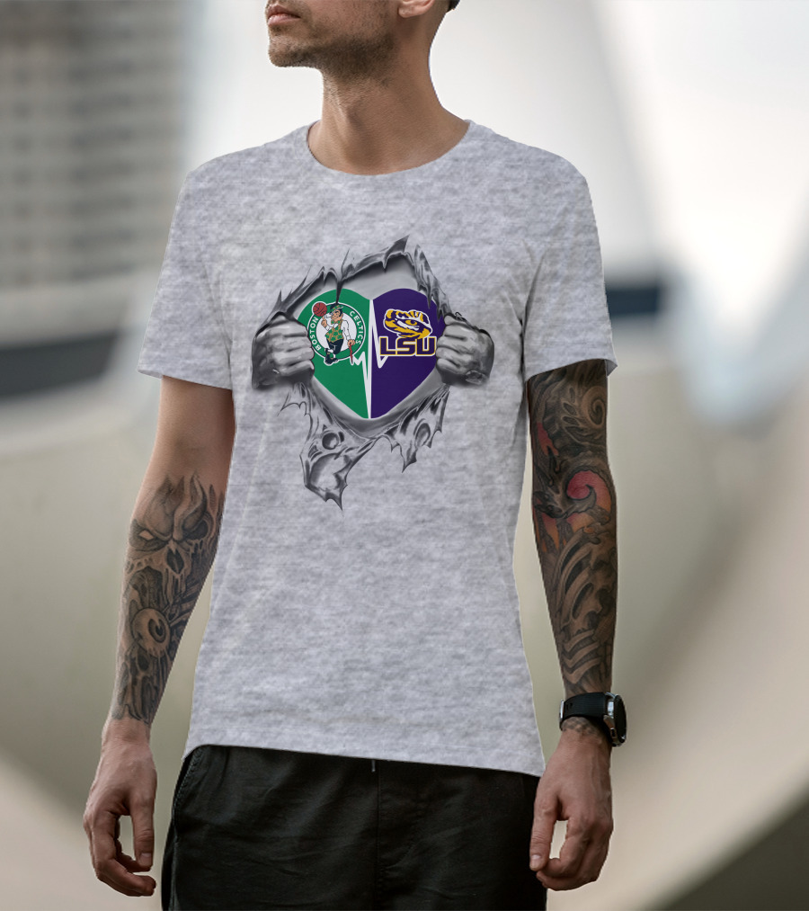 Boston Celtics Lsu Tigers Heartbeat Split Logo Peeling T-Shirt