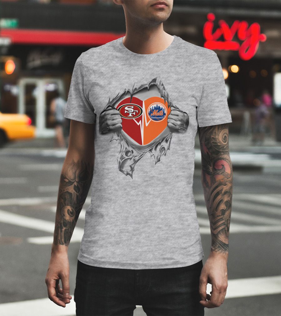 49ers Mets Heart Logos Combined With Hands Ripping Gray T-Shirt