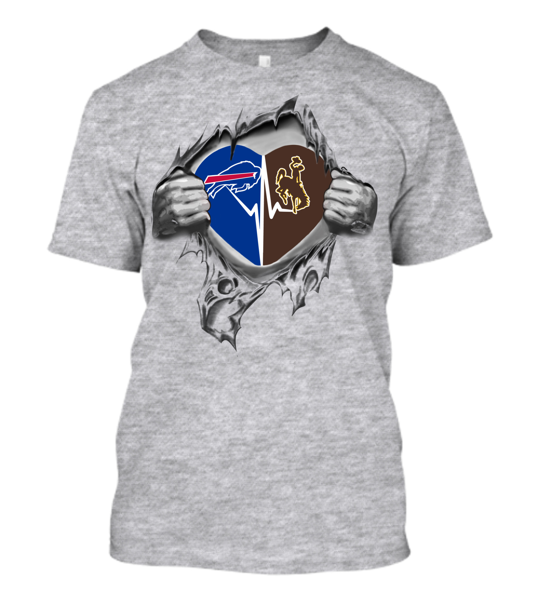 Bills Wyoming Cowboys Heartbeat Burst Icon Torn Effect T-Shirt